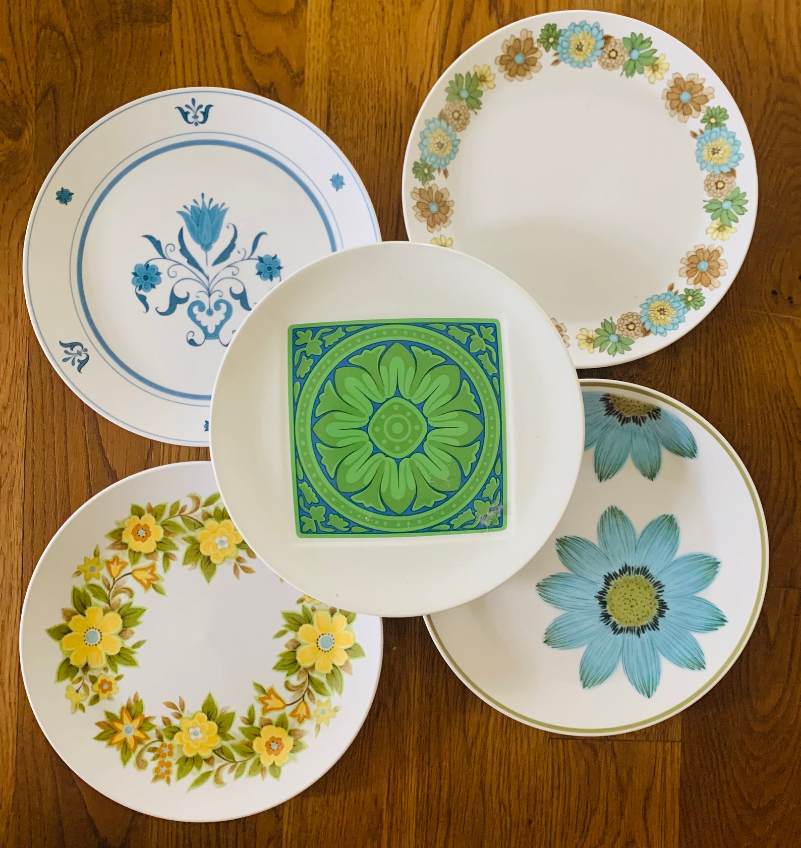 Mismatched Set of 5 Green and Blue Floral Dinner Plates | Etsy