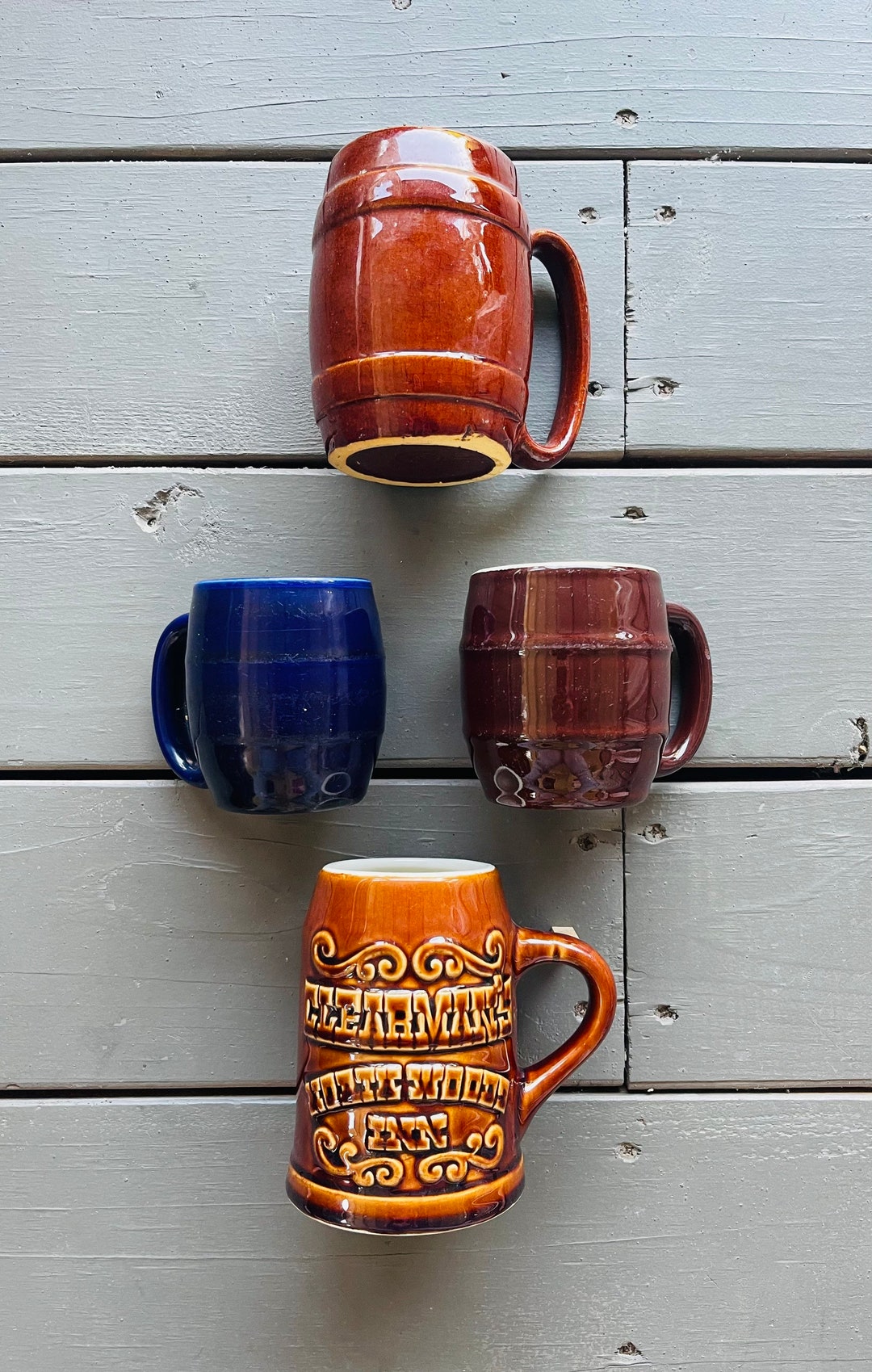 Vintage Hall Stamped Barrel Mugs and Clear-mans Little Town Inn Stein ...