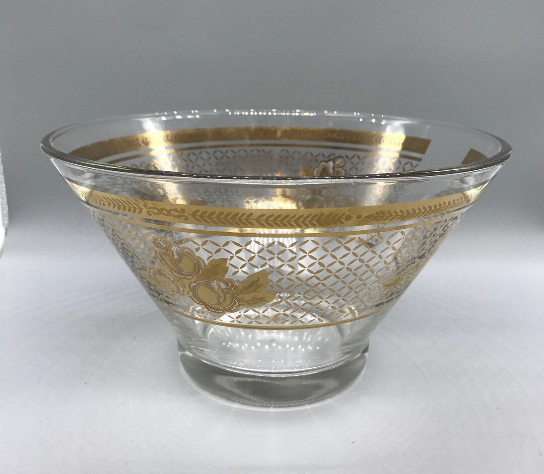 Vintage Starlyte Glass Serving Bowl With Gold Floral Lattice - Etsy