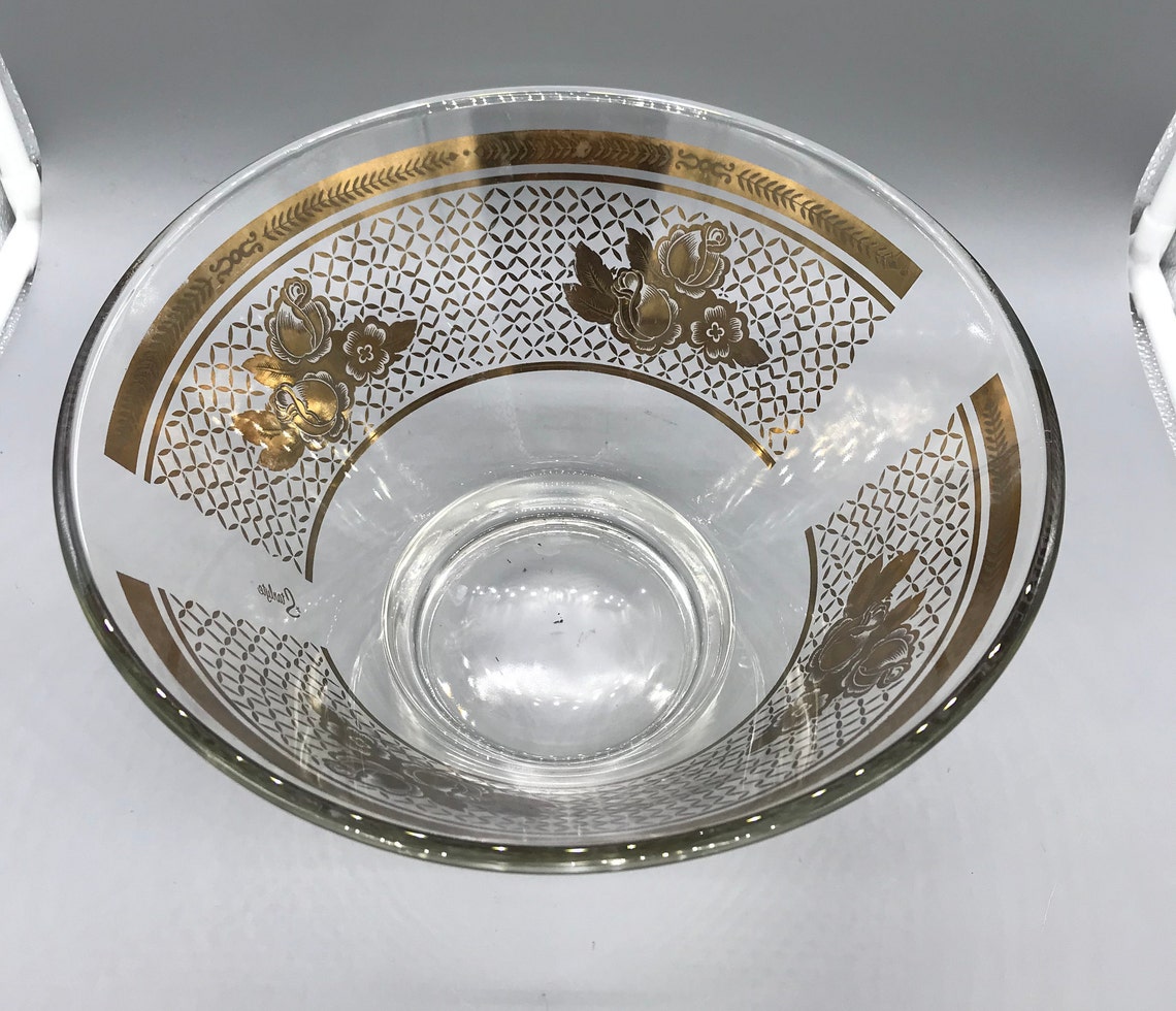 Vintage Starlyte Glass Serving Bowl With Gold Floral Lattice - Etsy