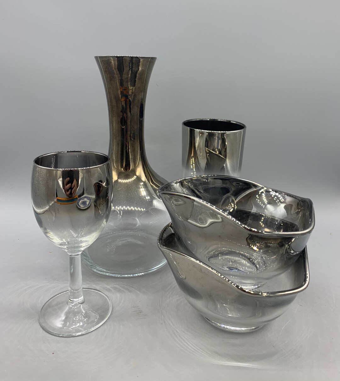 Vitreon Queens Lusterware Silver Trimmed Glass Bowls, Glasses, Pitcher ...
