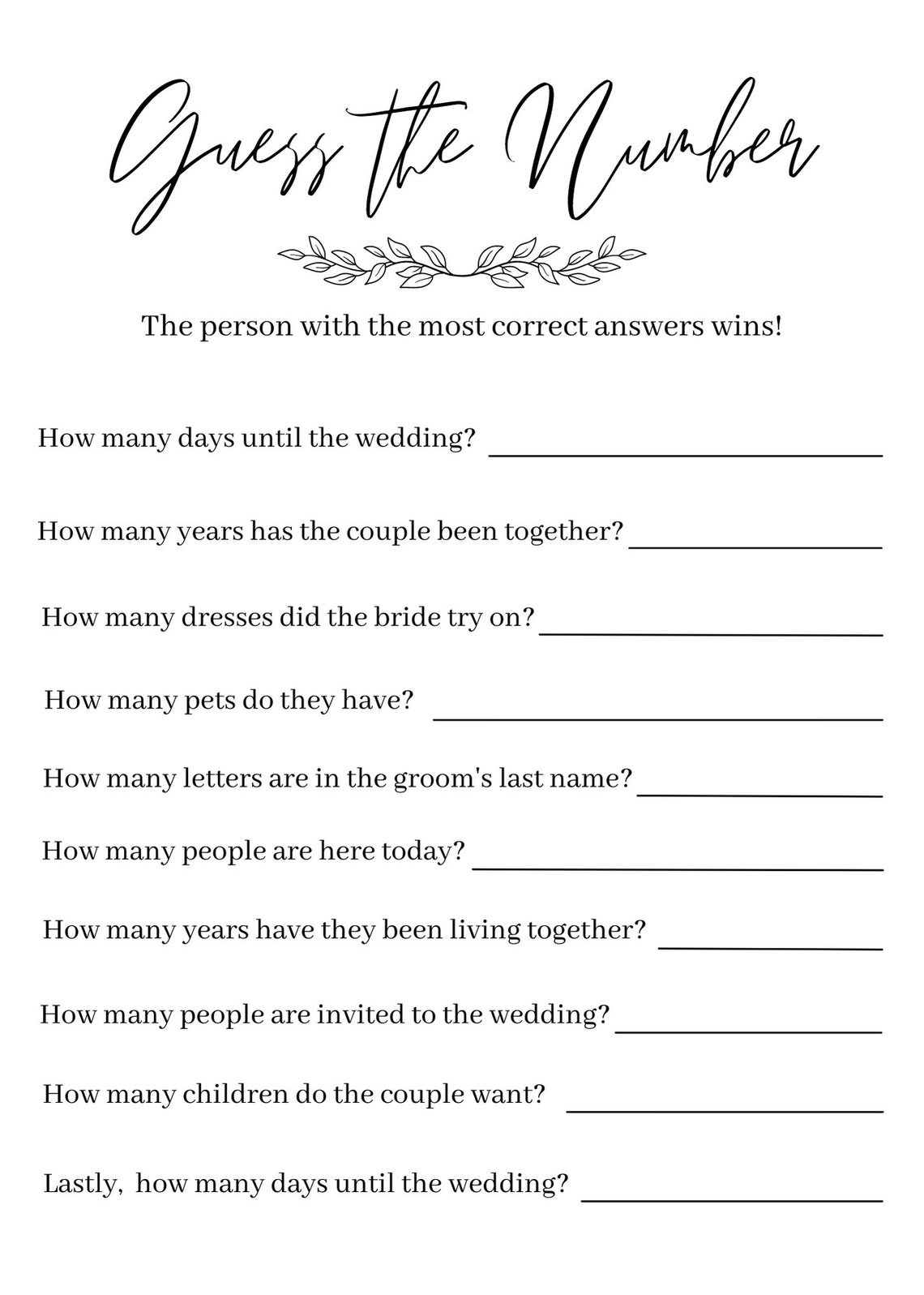 Guess the Number Bridal Shower Game, Bride, Printable, Games, Download ...