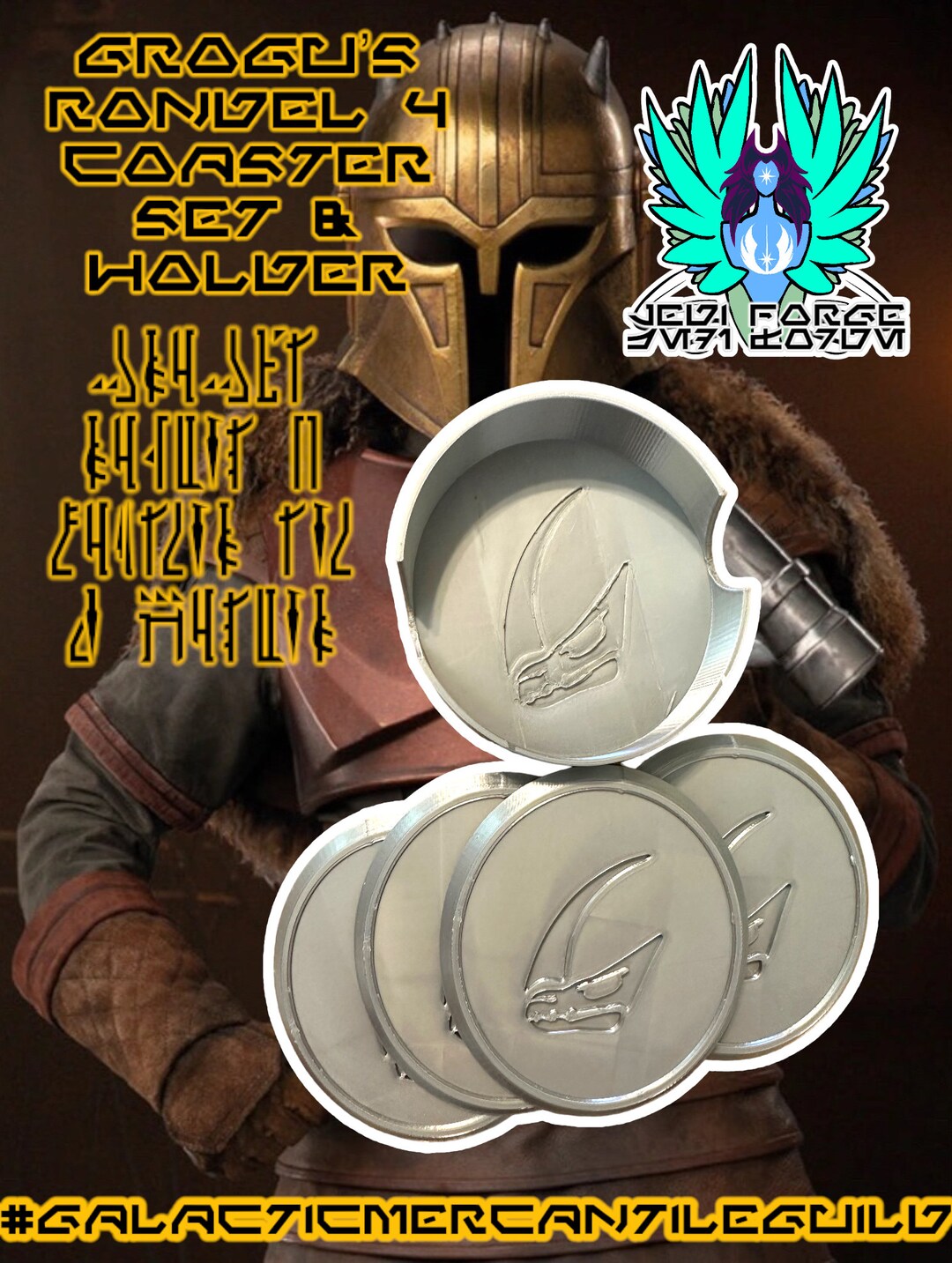 Inspired Grogu Rondel 4 Coaster Set & Holder mando, Grogu, Kelleran Beq ...