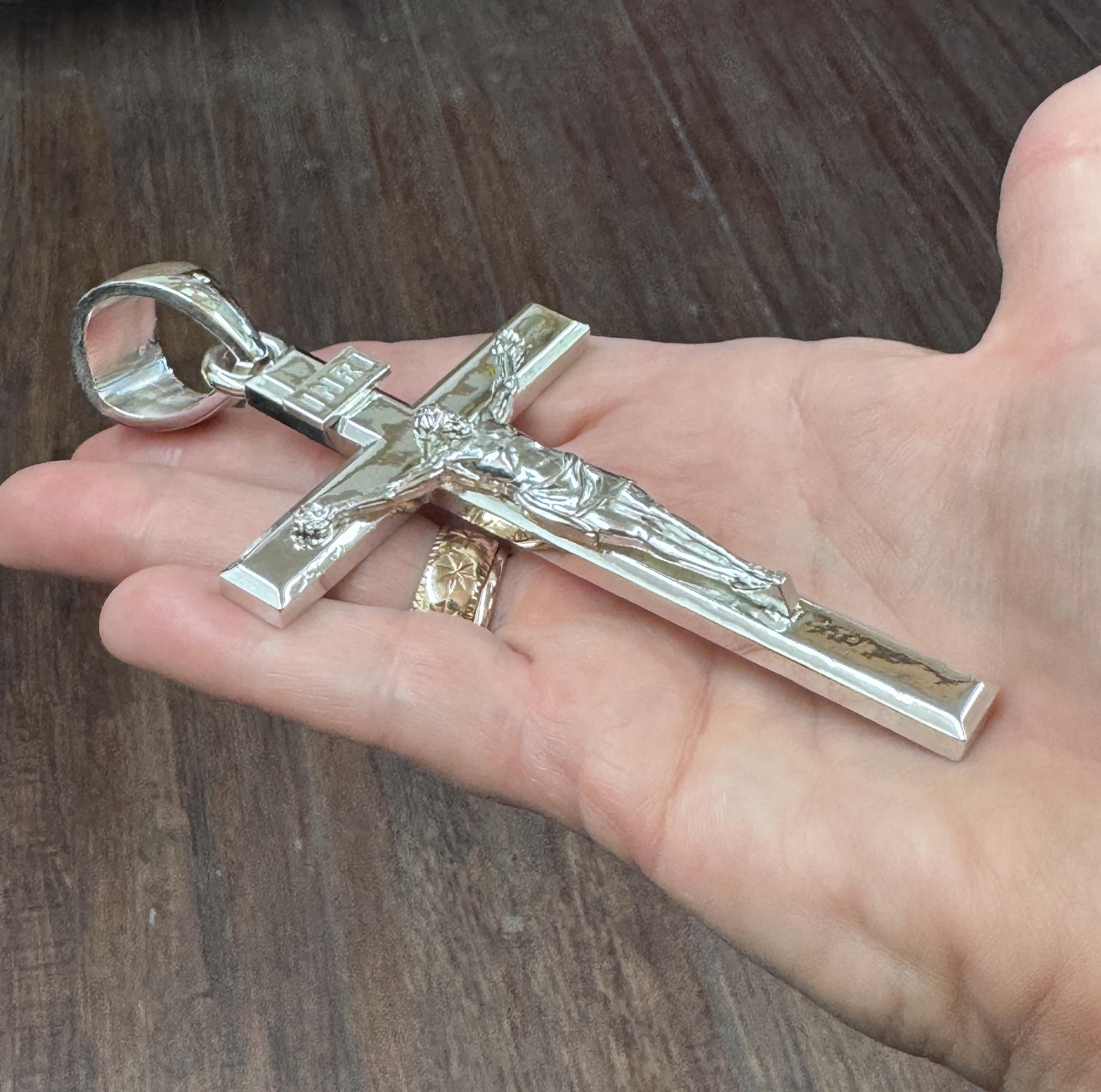 Beveled Cross Crucifix Jesus Christ 5" Large Charm Pendant 106gm Silver ...