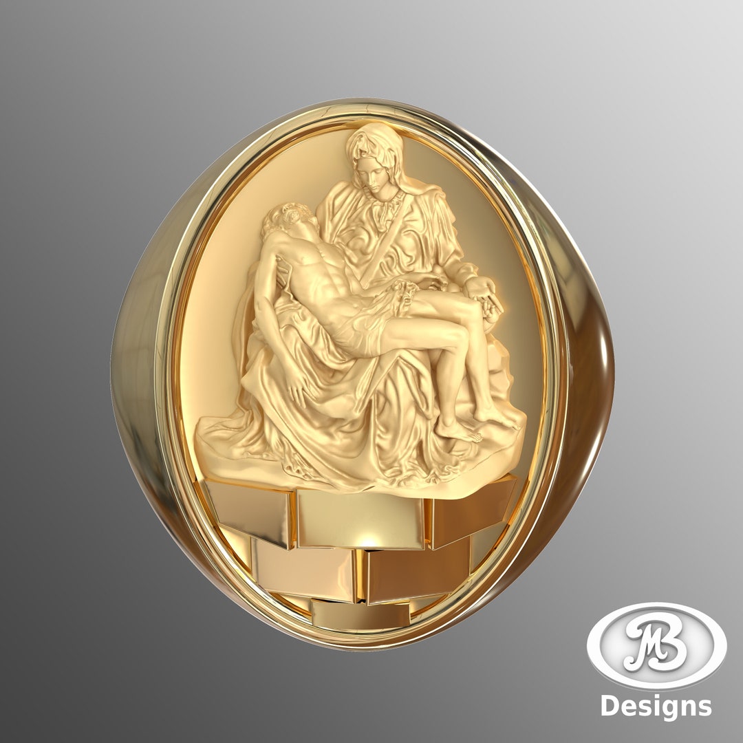 Gold Michelangelo's "la Pieta" Mary and Jesus Men's Heavy Hollow Ring ...