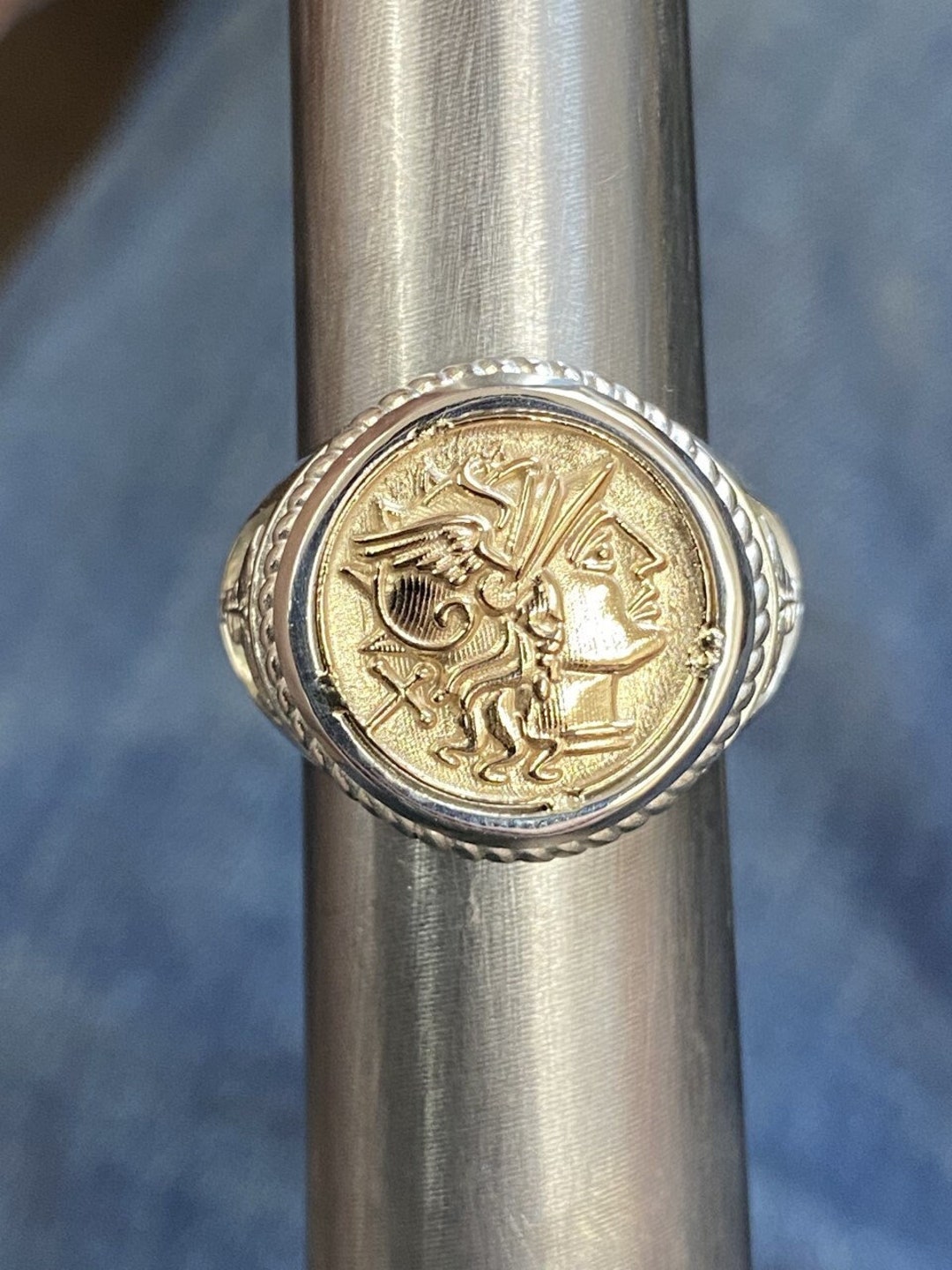 Roman Coin Style Two Tone 14K Solid Gold & Silver Caduceus Ring - Etsy