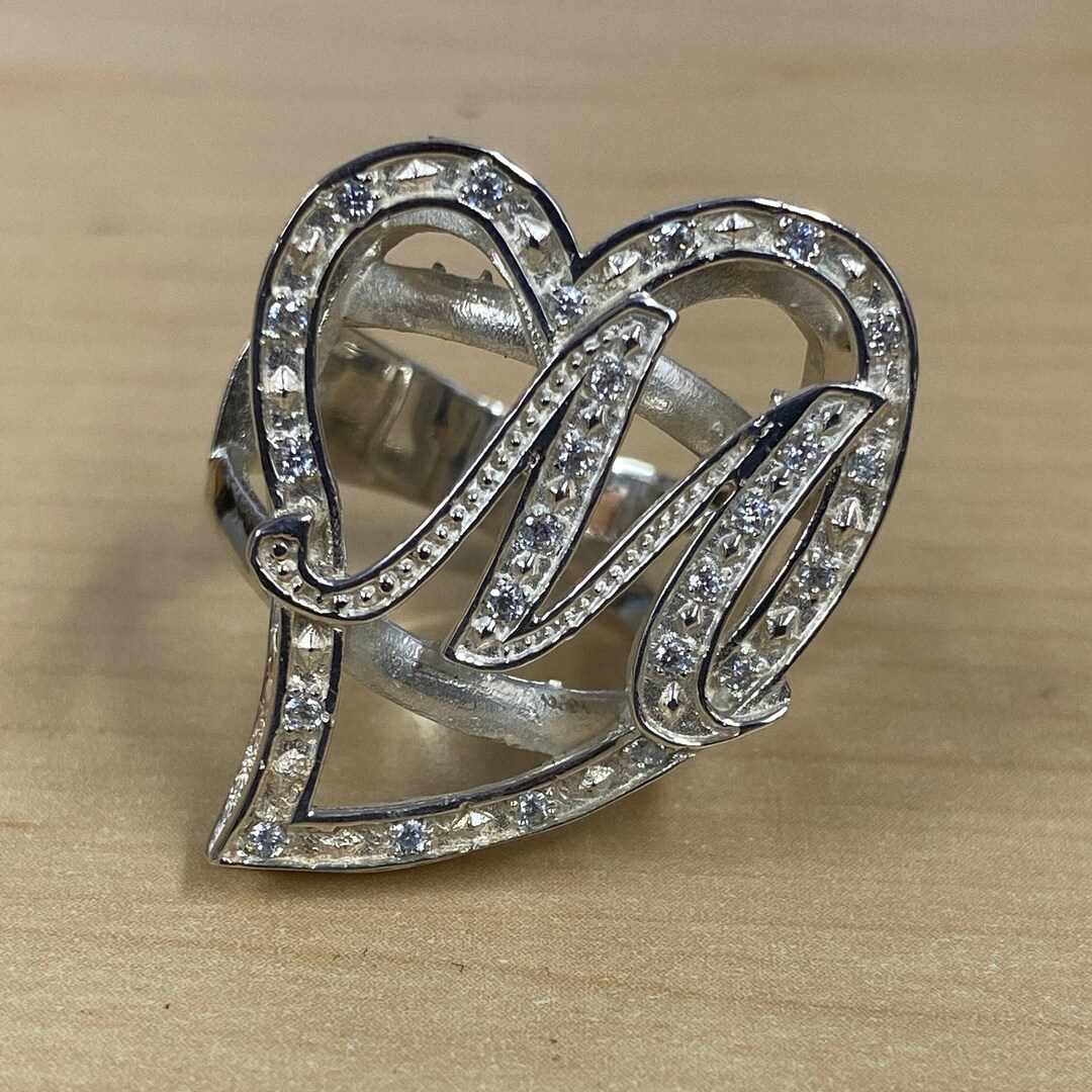 1.25" Large Heart Initial Letter M Cursive Ring With Cubic Zirconia ...