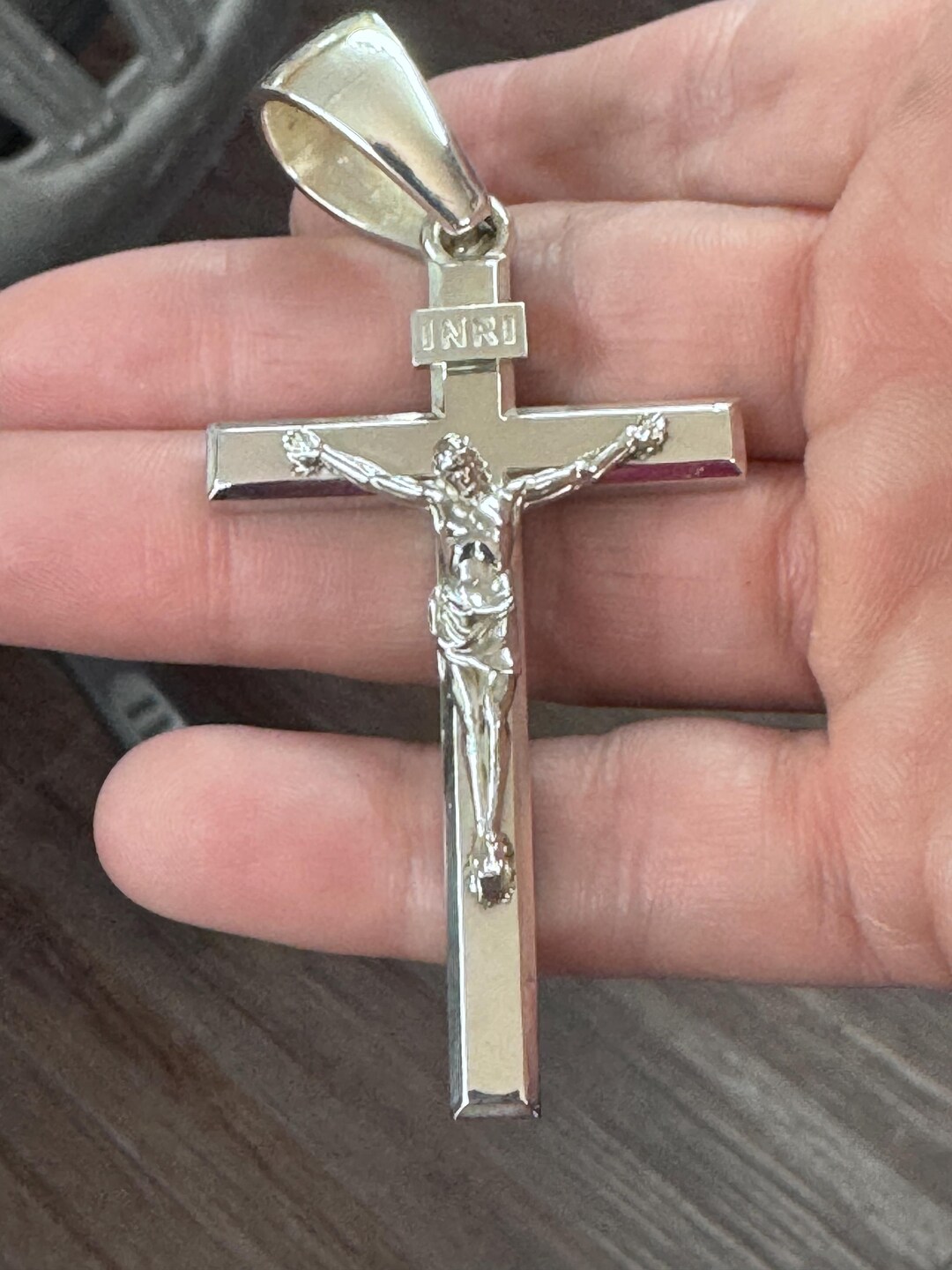 Large Beveled Cross Crucifix Jesus Christ Charm 3" Silver .925 Pendant ...