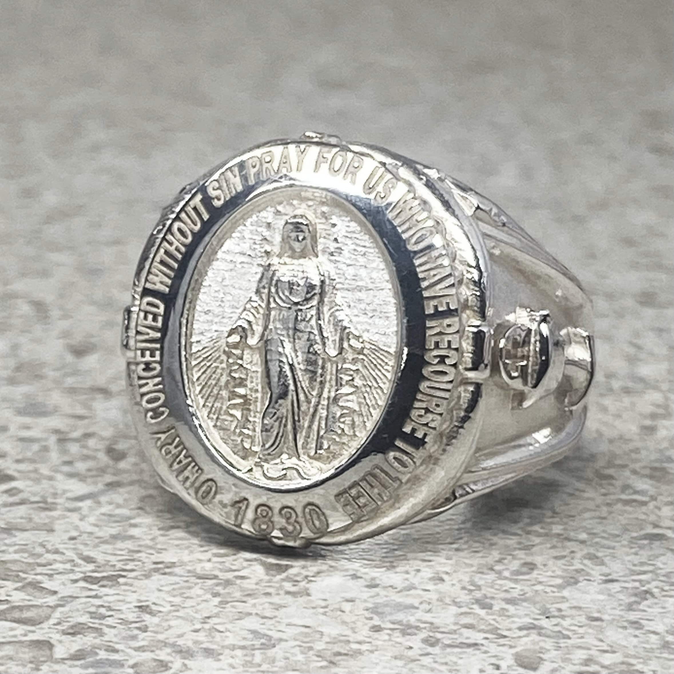 Blessed Virgin Mary Miraculous Men's Hollow Bright White Ring Sterling ...