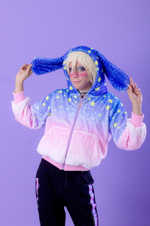 Starry Bunny Blue & Pink Cute Adorable Stars Fluffy Hoodie - Etsy