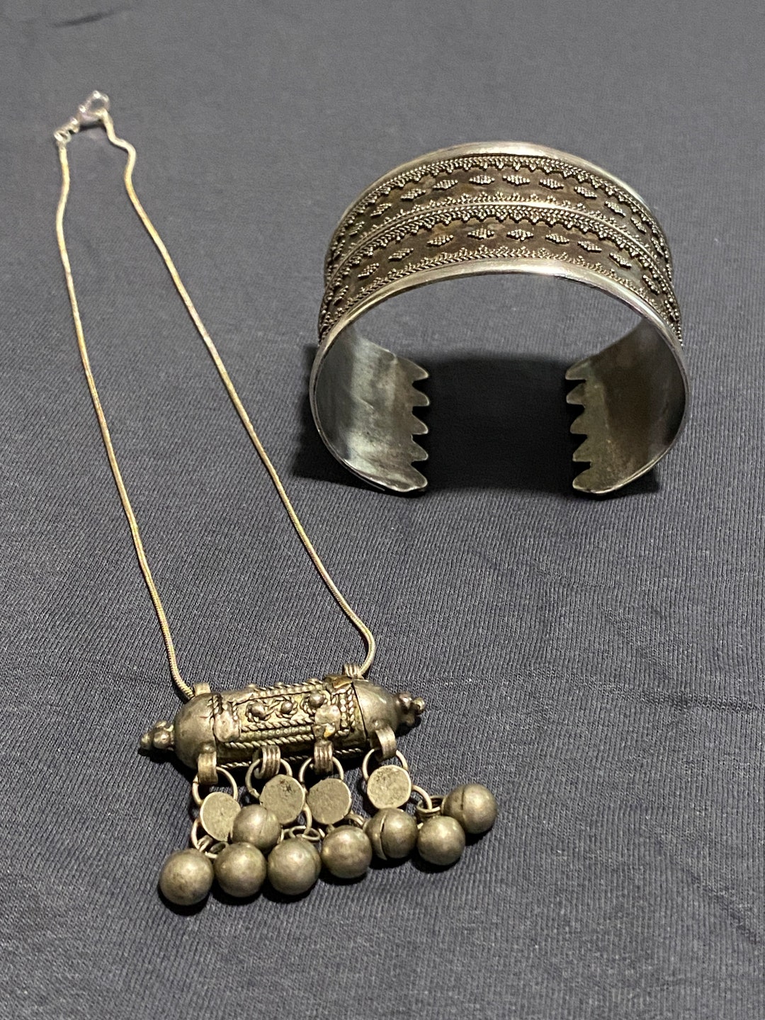 Antique Silver Middle Eastern Wide Bracelet and Pendant Necklace ...