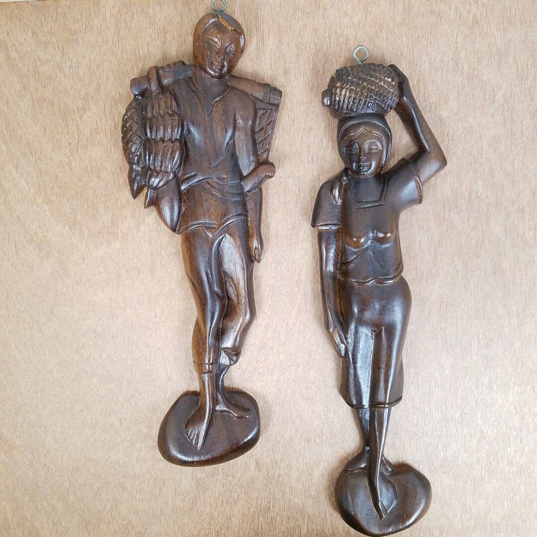 Vintage Mid Century Man and Women Island Hand Carved Wooden Hanging ...