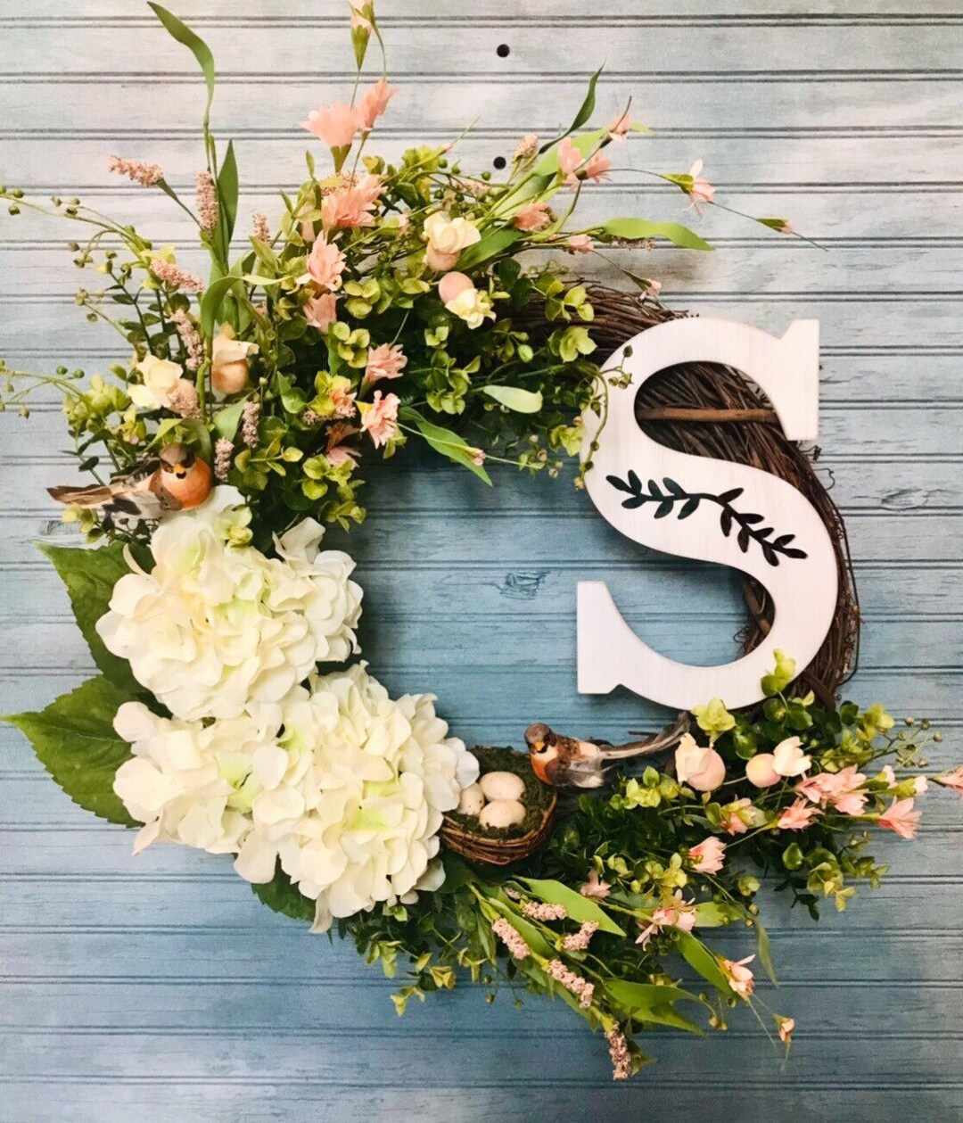 Hydrangea Wreath, Wreath With Hydrangeas and Birds, Birds Nest, White Hydrangea, Monogram Letter ...