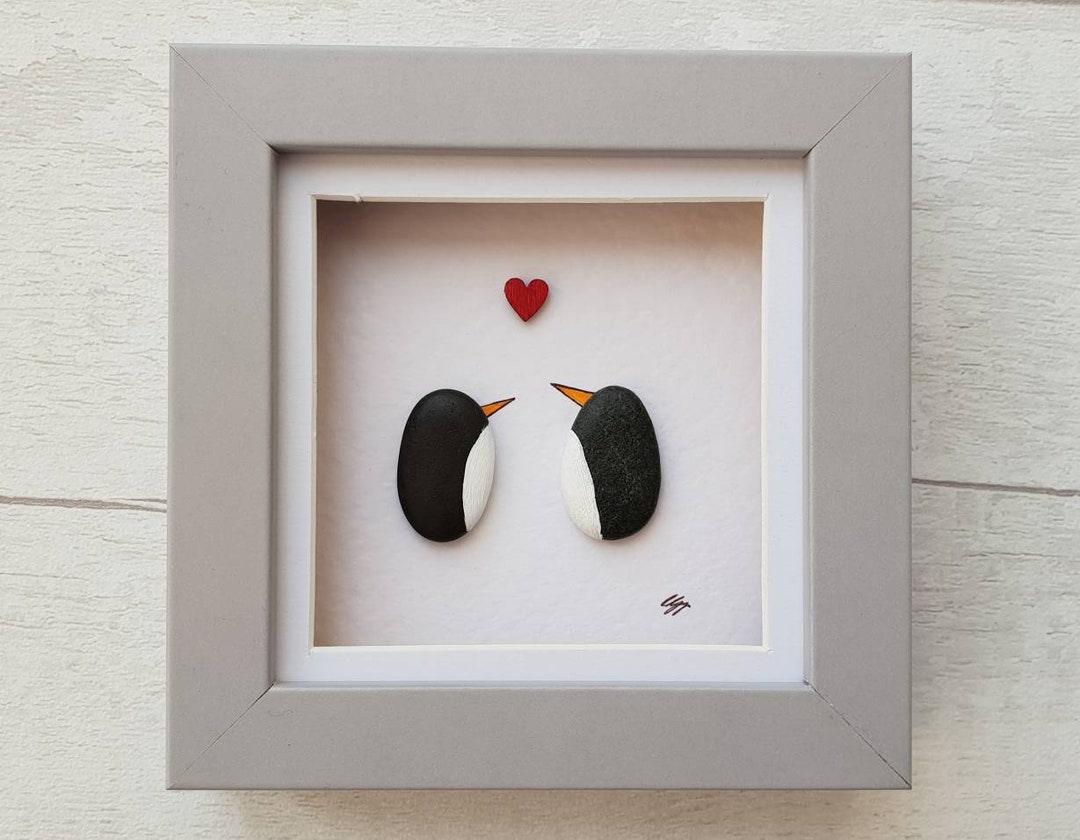 Penguin Pebble Art Picture,romantic Valentines Day Gift, Mini Frame ...