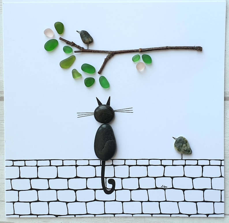 MADE TO ORDER Pebble Art Black Cat Sitting on Wall - Etsy UK