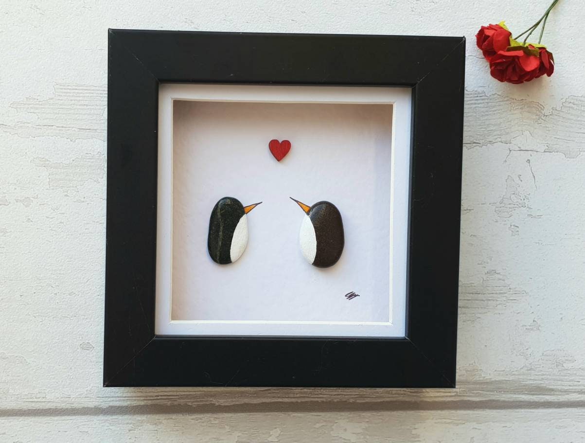 Penguin pebble art in Mini Frame unique wedding gift | Etsy