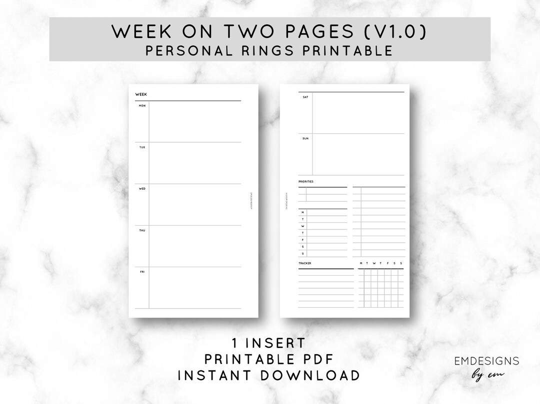 PRINTABLE PERSONAL INSERT week On Two Pages Personal Planner Insert PRINTABLE PERSONAL INSERT week On Two Pages Personal Planner Insert