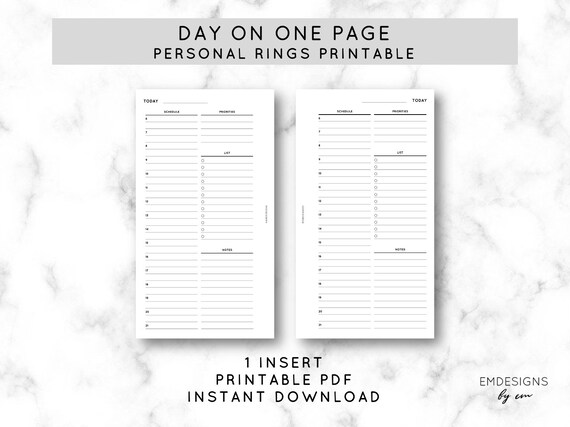 PRINTABLE PERSONAL INSERT 'Day on one page' personal | Etsy