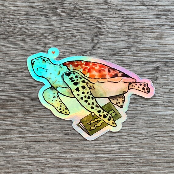 Reading Sea Turtle Holographic Sticker / Cute Laptop Sticker / | Etsy