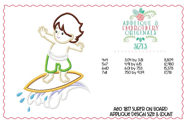 Applique and Embroidery Originals Digital Design 1817 Surfer | Etsy