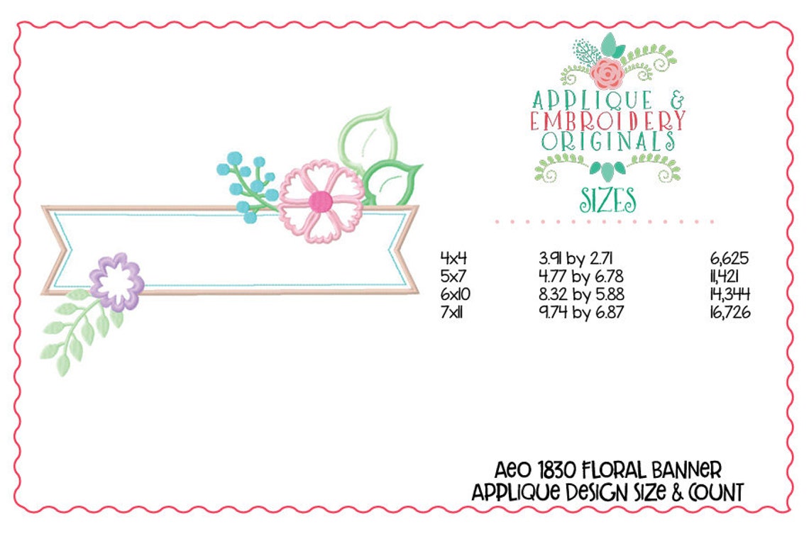 Applique & Embroidery Originals Digital Design AEO 1830 Floral Banner ...