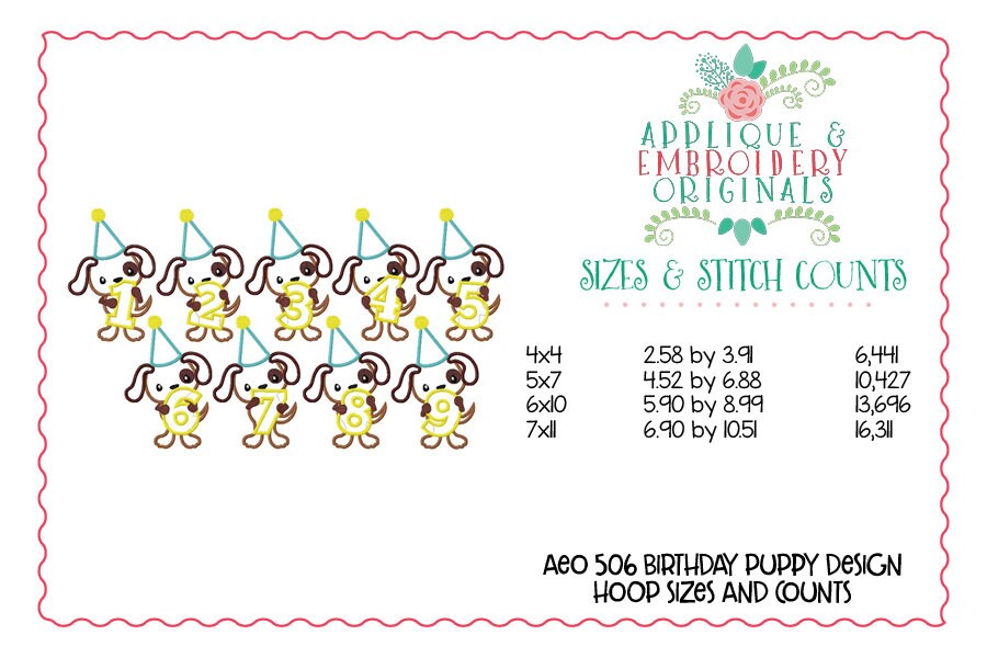 Applique and Embroidery Originals Digital Design 506 Birthday Puppy Dog ...
