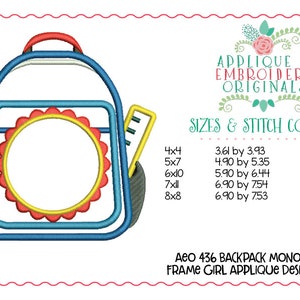 Applique and Embroidery Originals Digital Design- 436 Backpack Monogram ...