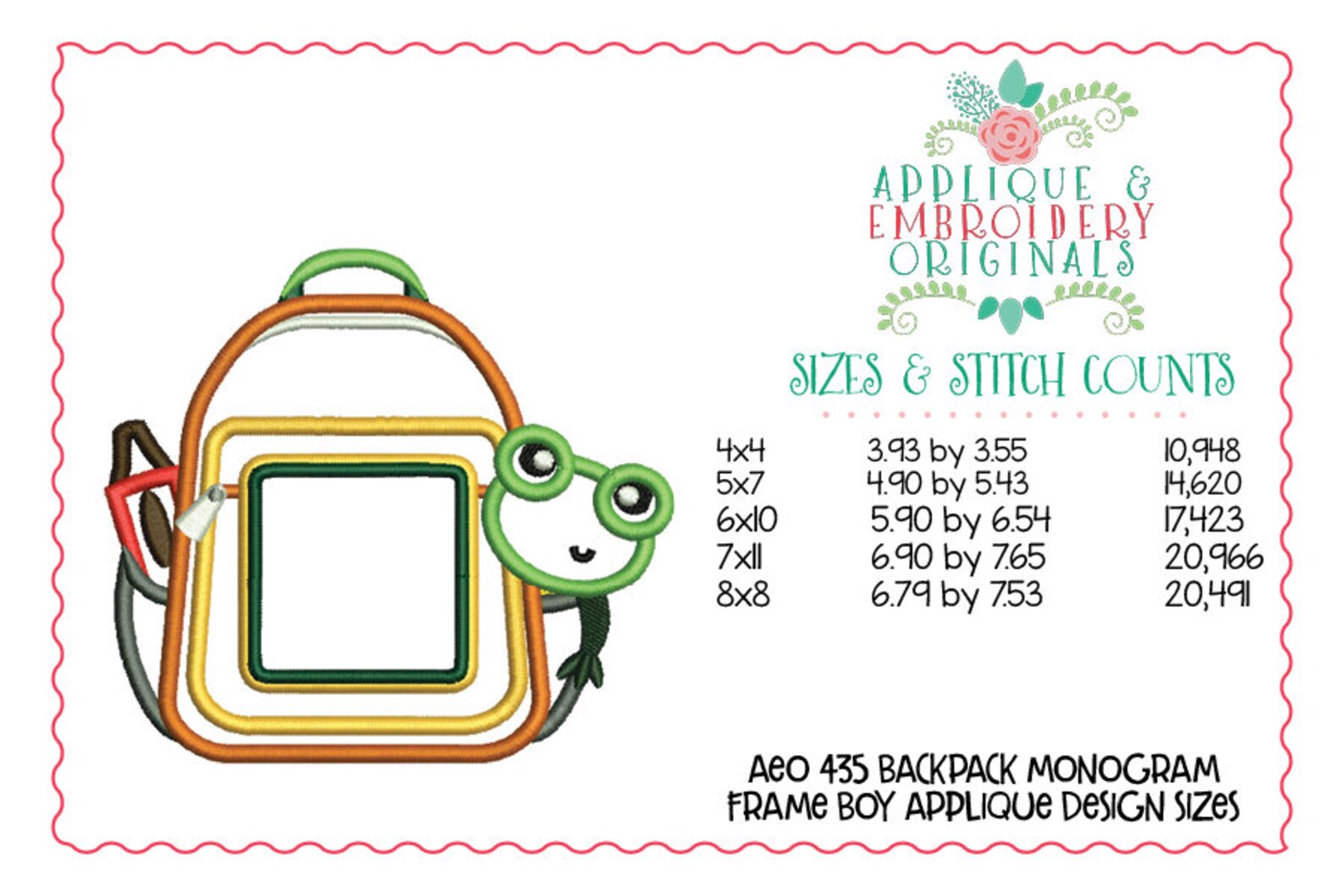 Applique and Embroidery Originals Digital Design- 435 Backpack Monogram ...