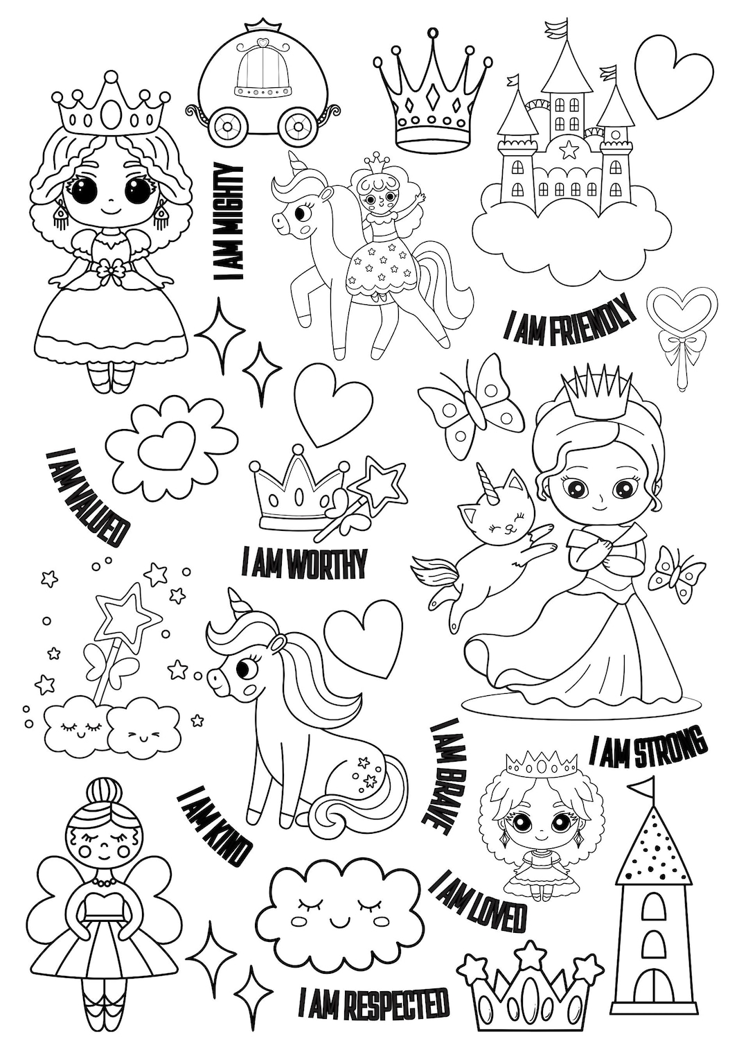 Princess Positive Affirmation Coloring Page - Kids Colouring Book - Etsy