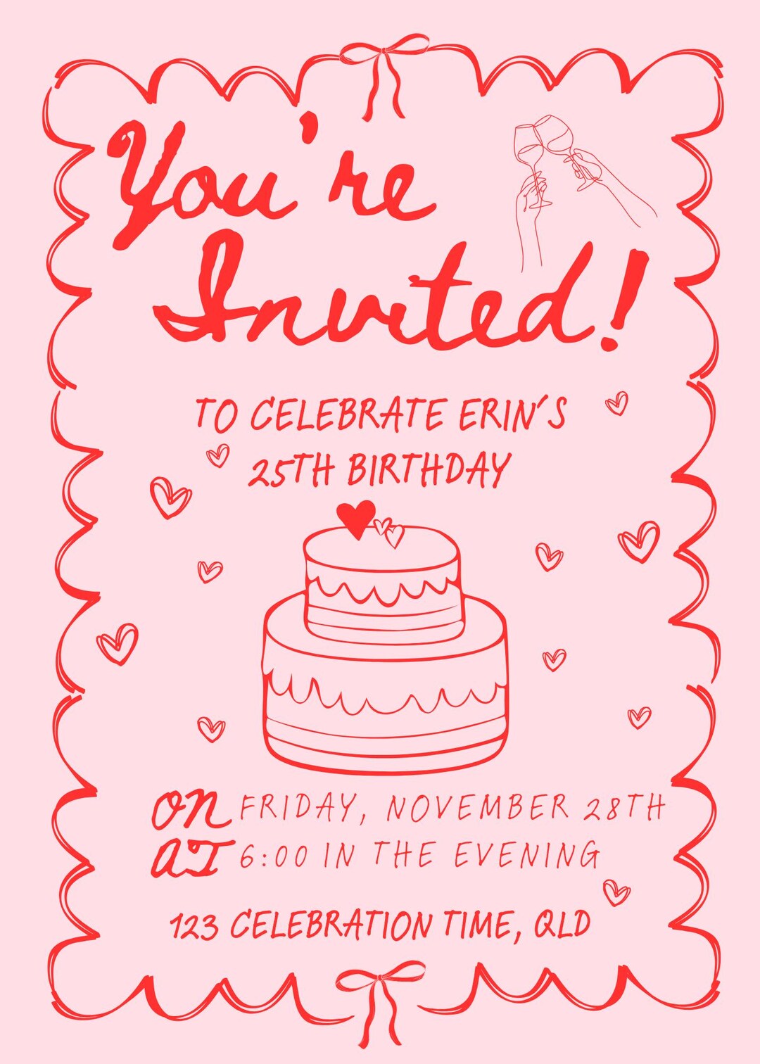 Hand-drawn Cake Birthday Invitation – Editable Canva Template (digital ...