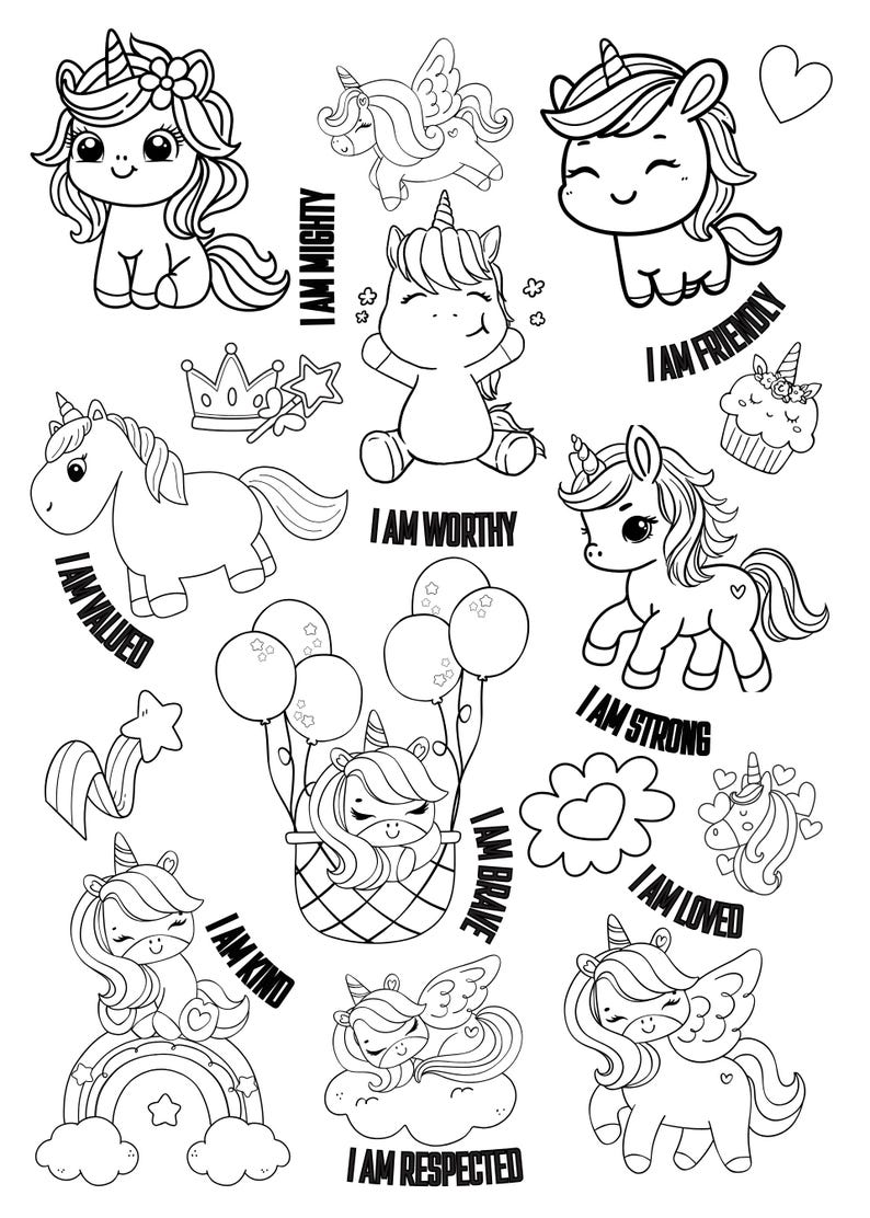 Unicorn Positive Affirmation Colouring Page - Canva Instant Download - Etsy
