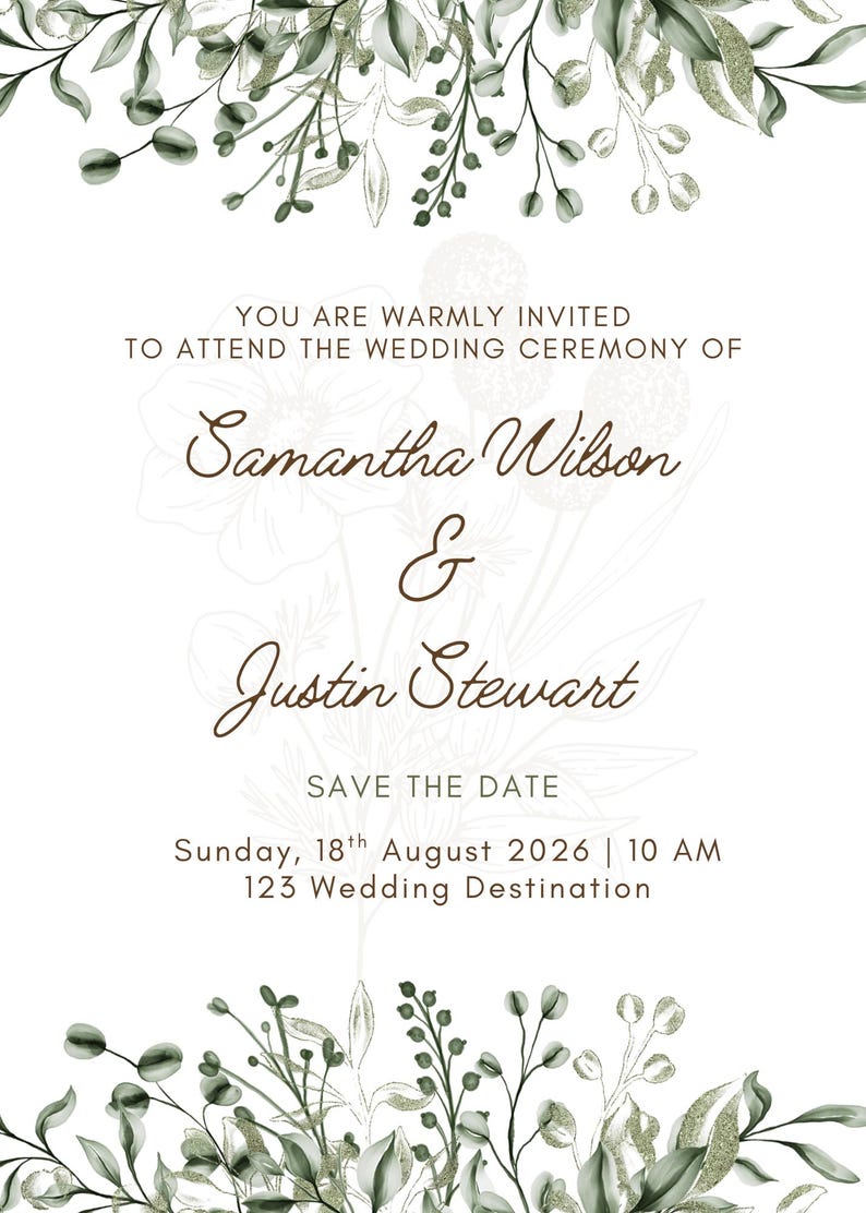 Greenery Wedding Invitation Template: Editable Canva Design (digital ...
