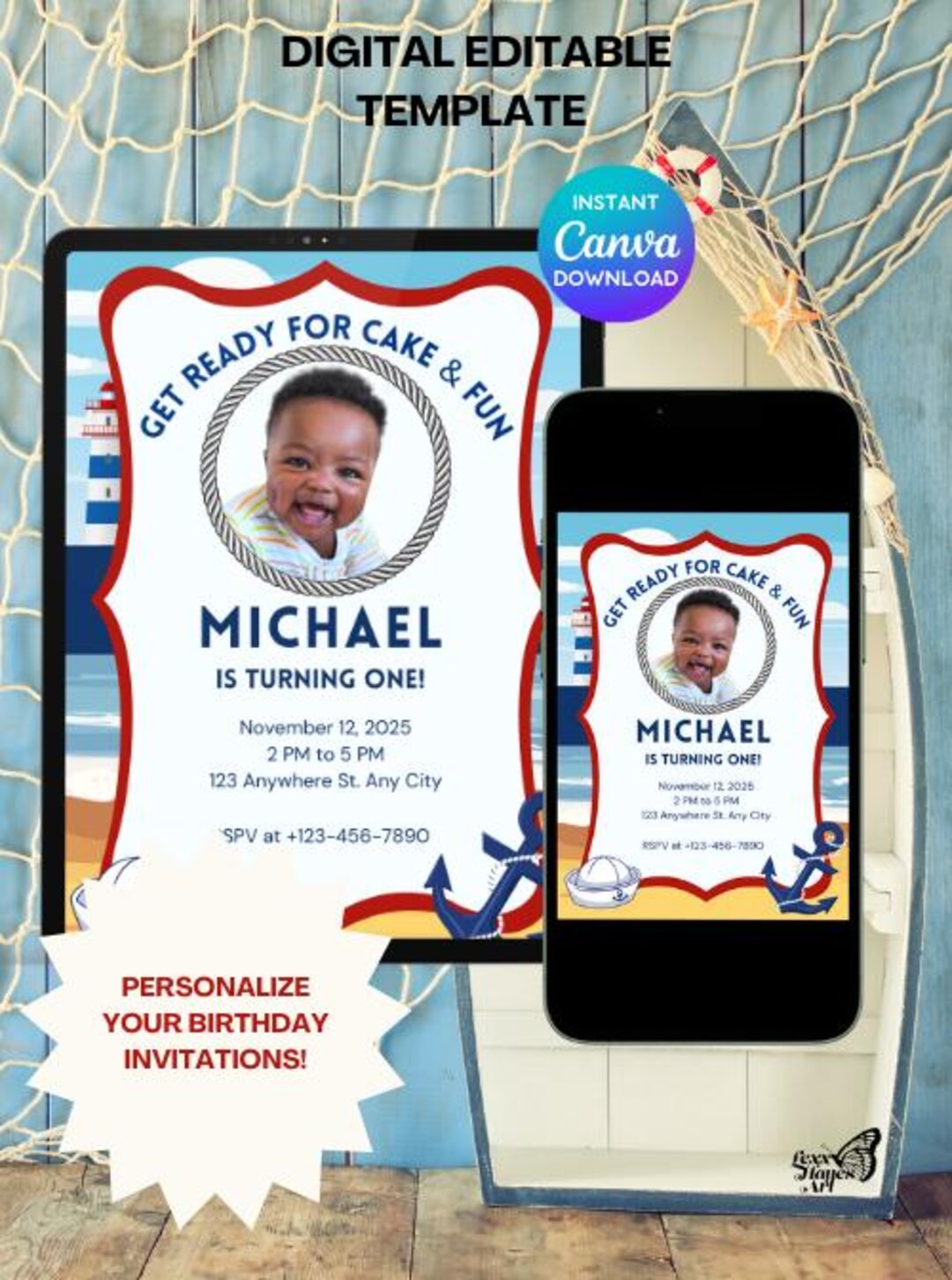 Customizable Nautical Sailor Party Invitation- Digital Party Invite ...