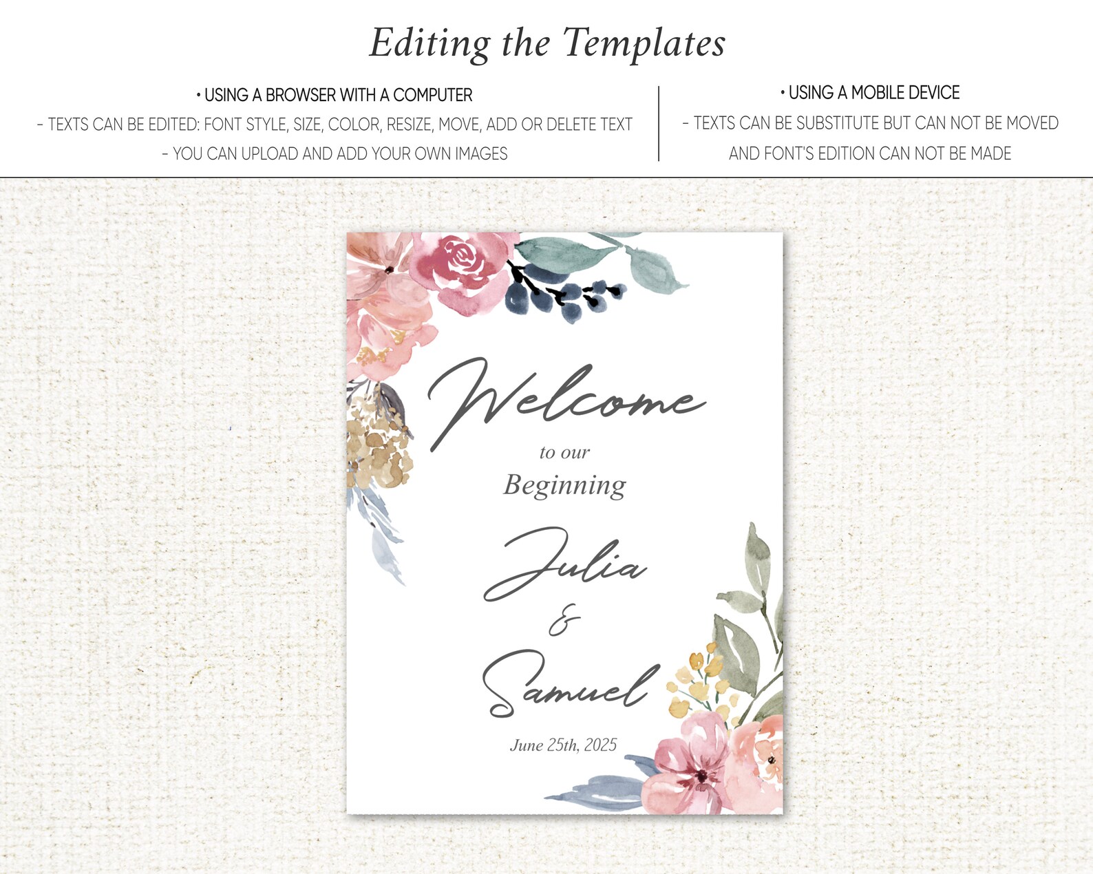 Mauve Wedding Welcome Sign Printable Template Editable | Etsy