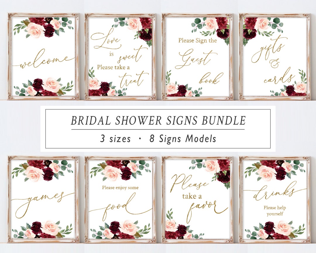 Burgundy Bridal Shower Signs Set, Printable Bundle, Bridal Signage ...