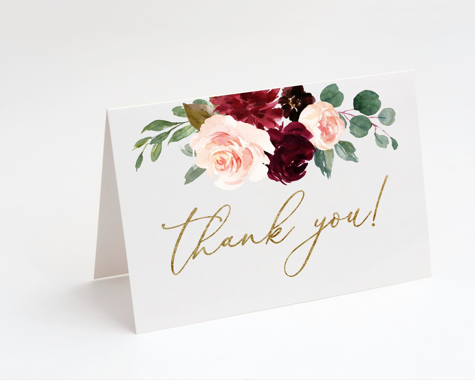 Thank You Card, Printable, Foldable Card, Rustic Burgundy Blush Gold ...