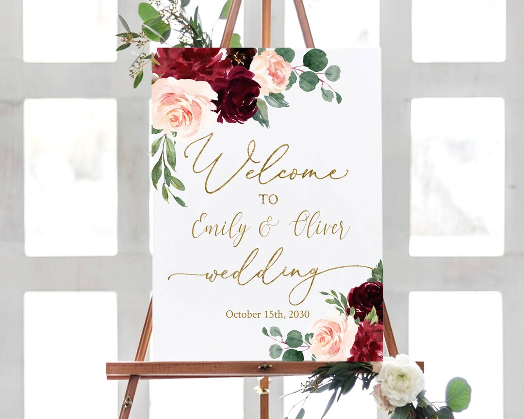 Wedding Welcome Sign, Bridal Sign Printable, Rustic Burgundy Blush Gold ...