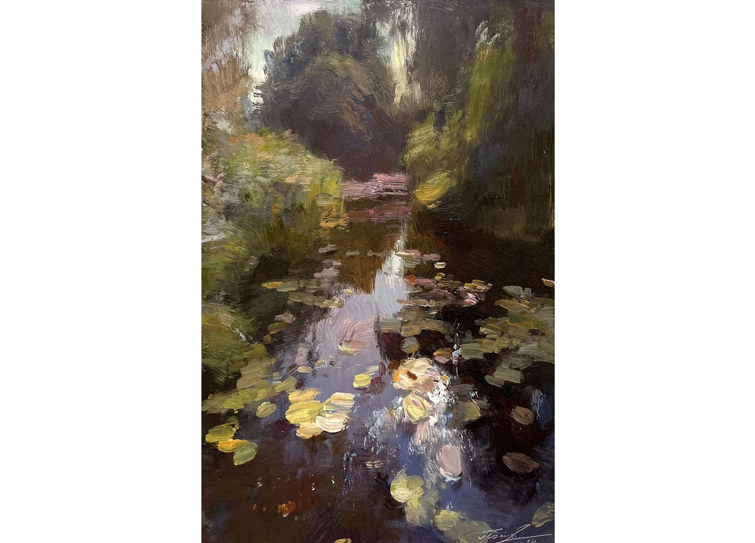 Impressionist Original Oil Painting Pond Landscape by Ukrainian Artist ...