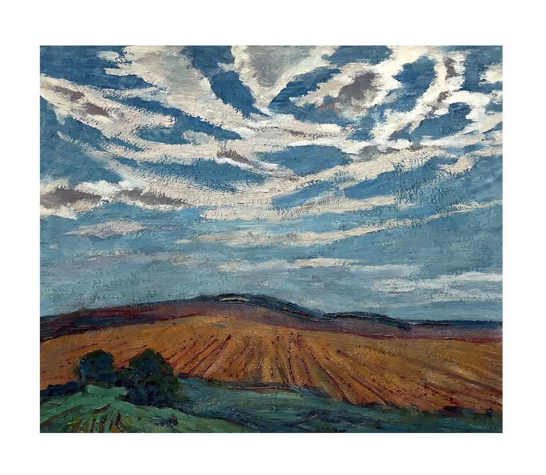Vintage Original Tempera Painting Field Landscape by Ukraine Artist V ...