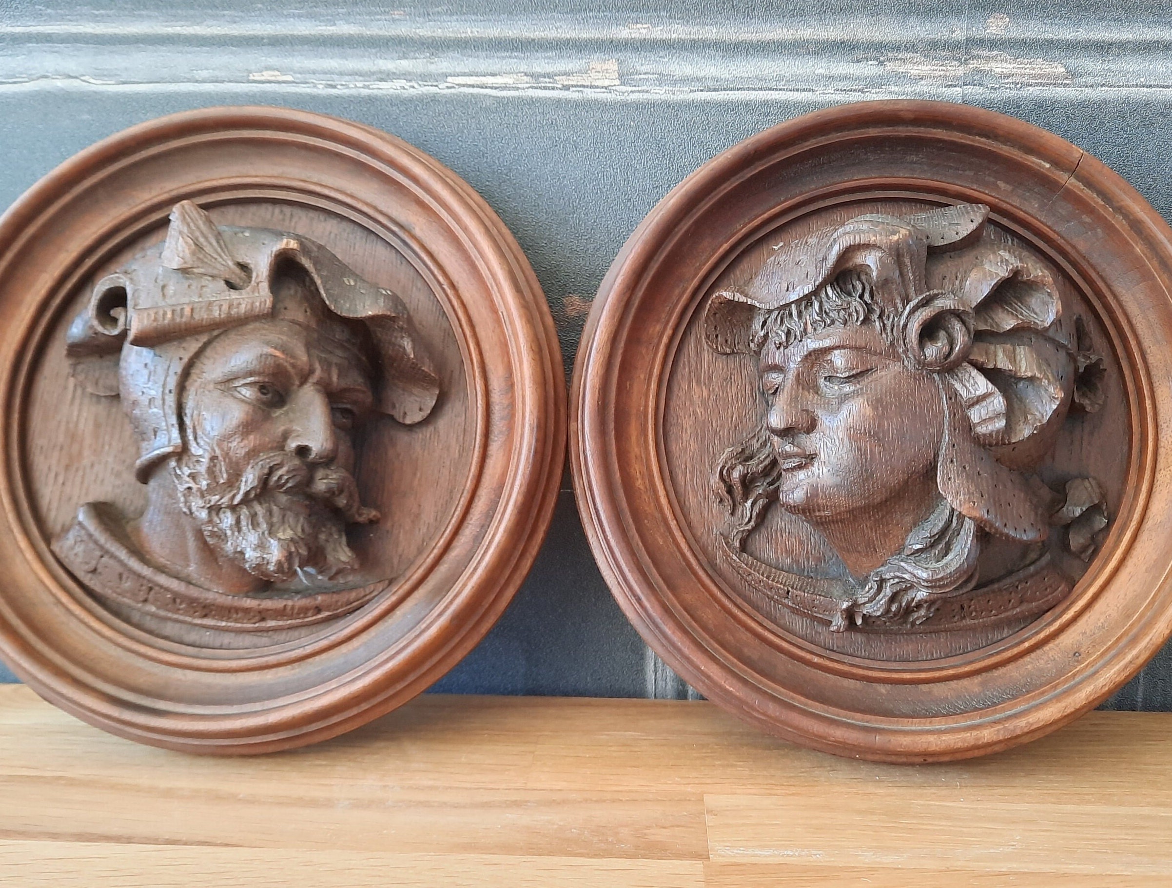 Pair of Carved Wooden Medallions 19 Century Couple in Low - Etsy