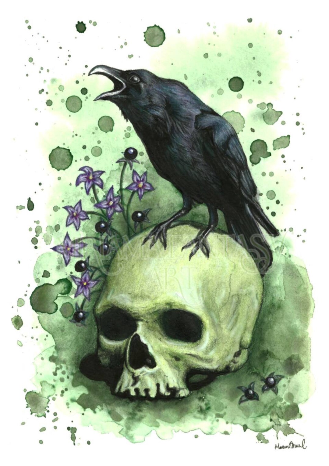 Skull Print of Original Watercolour Art raven Fantasy Gift, Death ...