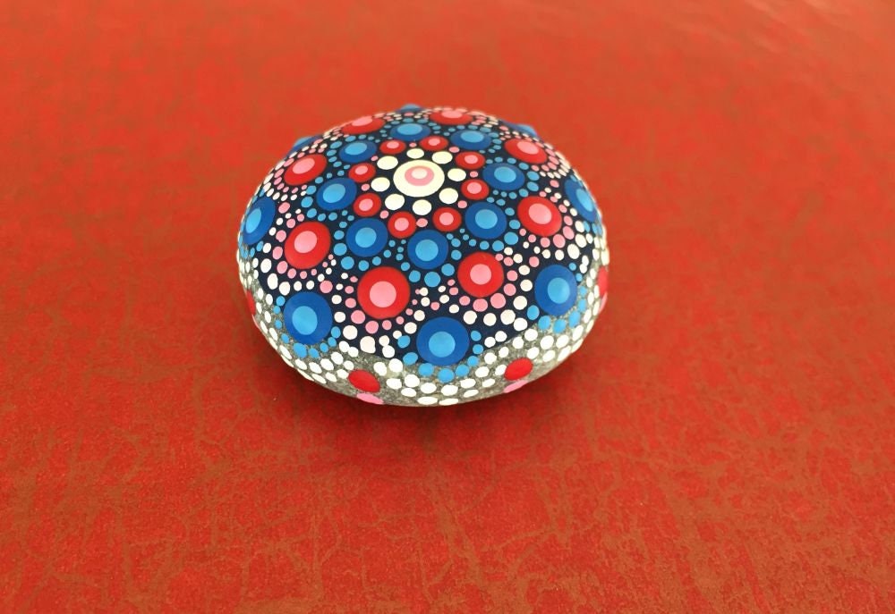 Mandala Stone Blue Red Handpainted Mandala Stone as a Gift for a Loved ...