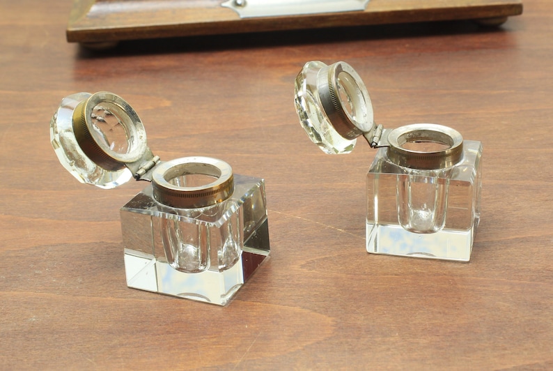 Antique Wooden Inkstand With Two Square Glass Inkwells and Pen Rest - Etsy