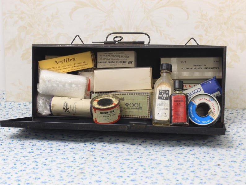 Vintage First Aid Kit in a Metal Box, From Boots the Chemist - Contents ...