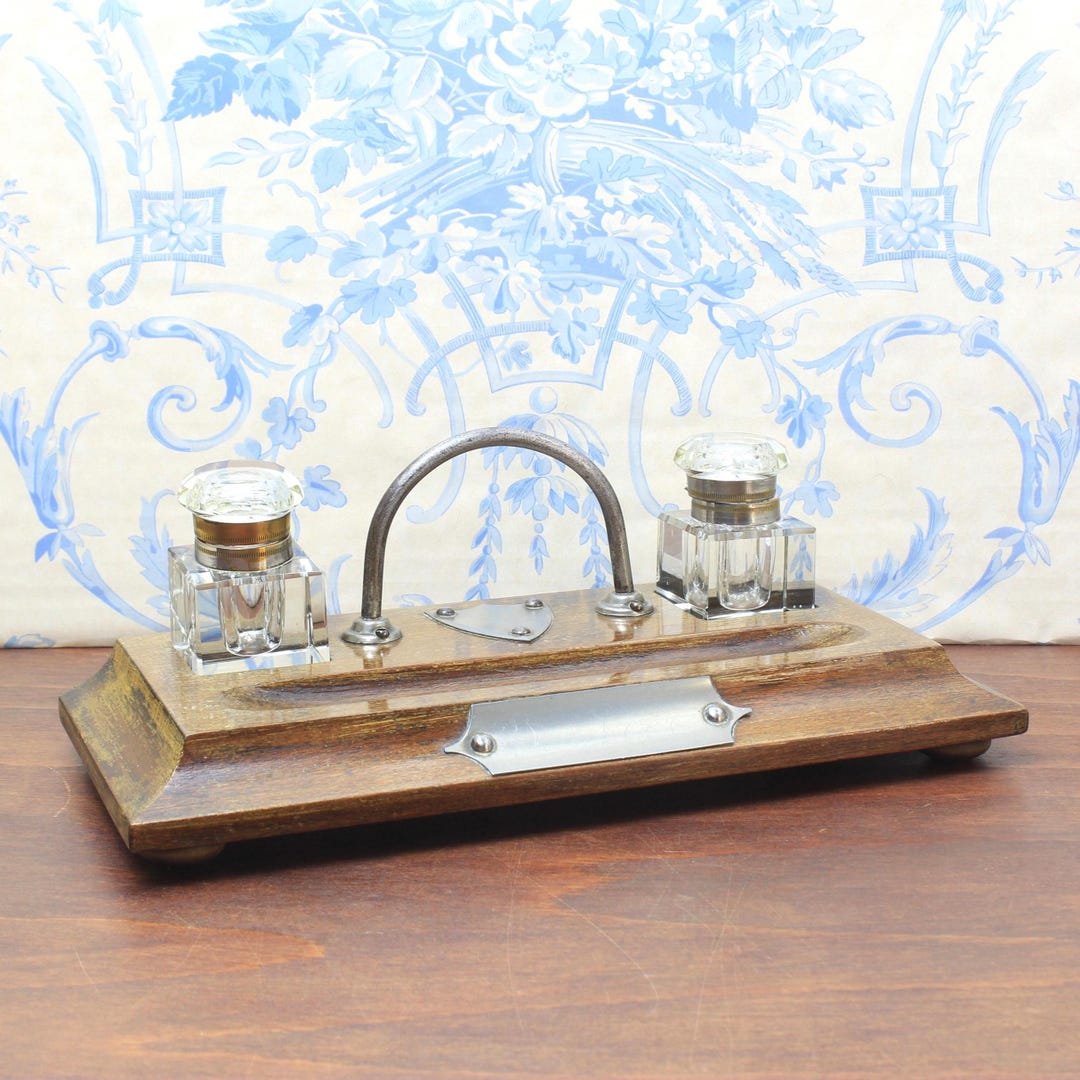 Antique Wooden Inkstand With Two Square Glass Inkwells and Pen Rest - Etsy