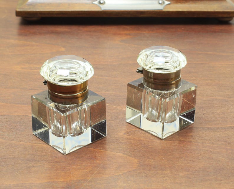 Antique Wooden Inkstand With Two Square Glass Inkwells and Pen Rest - Etsy