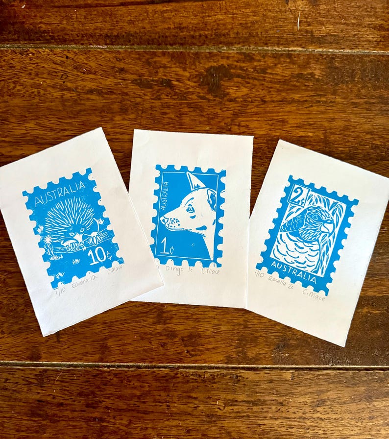 Australian Animal Stamp Lino Print - Blue - Etsy