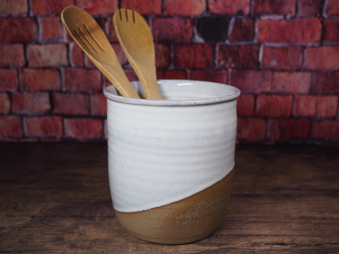 Rustic White Utensil Crock Kitchen Keeper Ceramic Vase - Etsy