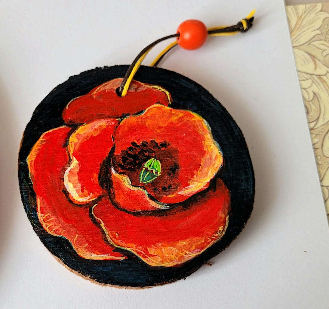 Poppies Flower Hand Painted Wooden Slice Hanging Décor, Small Rustic ...