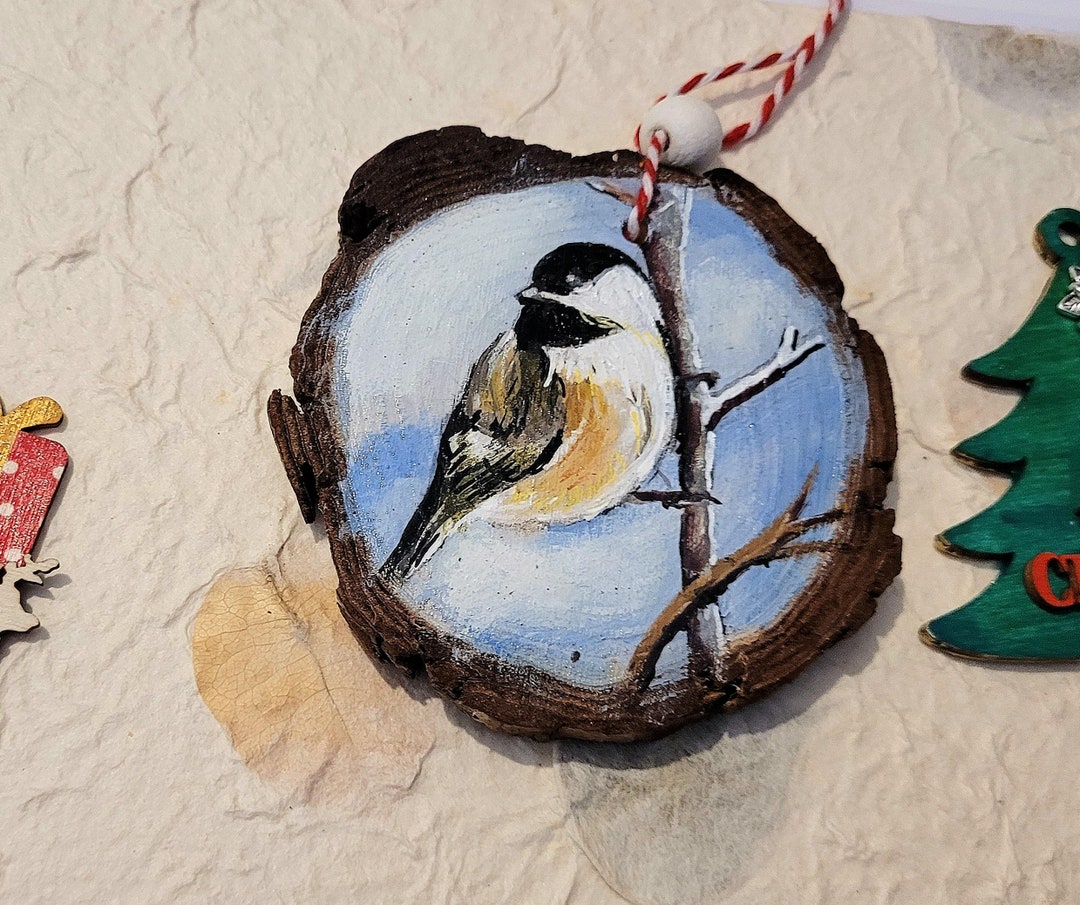 Hand-painted Chickadee Bird Wood Slice Ornament, Rustic Christmas Decor ...